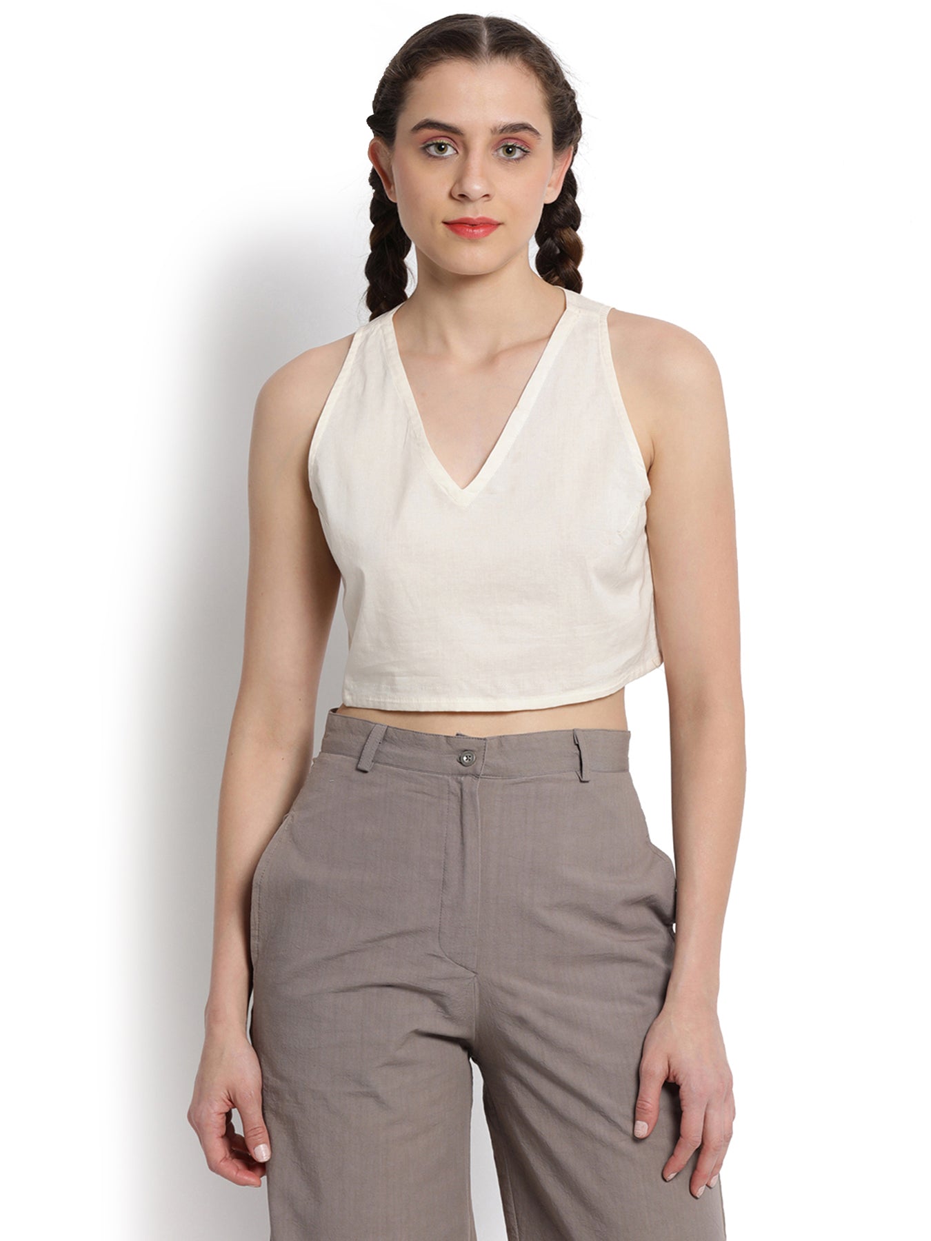 Cream V-neck Crop Top – GRASS by Gitika Goyal